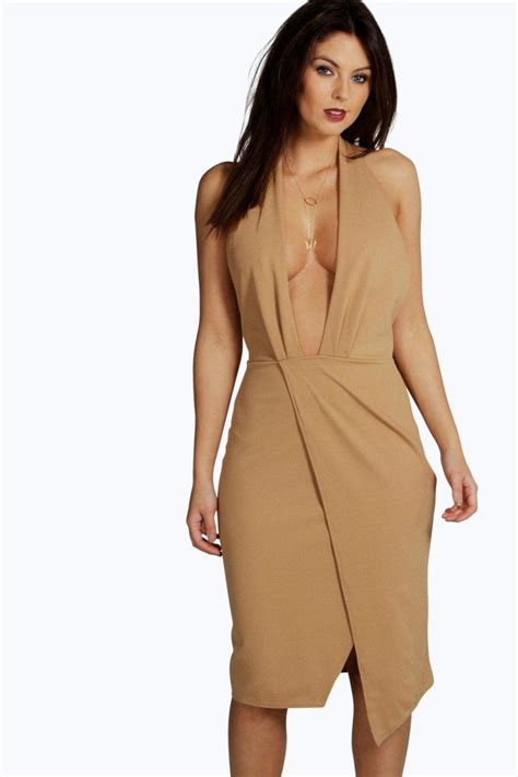 Lizzie Plunge Halter Neck Wrap Front Mini Dress Beige Maxi Dresses