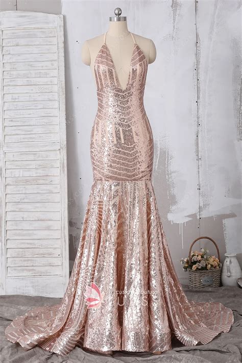 Rose Gold Sequin Halter Neck Backless Mermaid Prom Dress Lunss