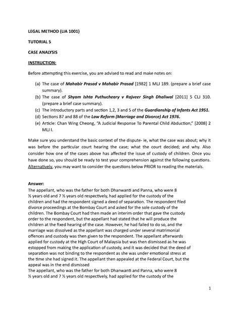 Lia1001 Tutorial 5 Tutorial 5 Legal Method Lia 1001 Tutorial 5 Case Analysis Instruction