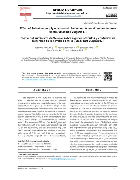 Pdf Effect Of Selenium Supply On Some Atributes And Mineral Content In Bean Seed Phaseolus