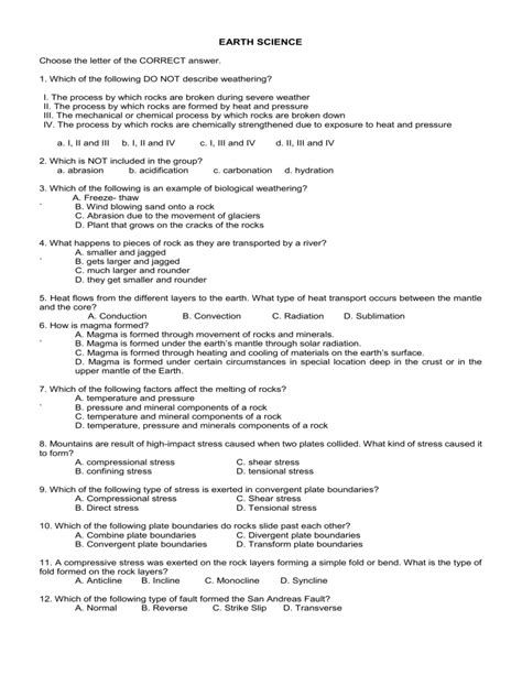 Earth Science Test Weathering Rocks Plate Tectonics