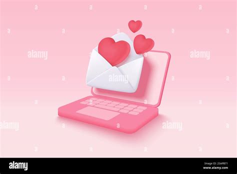 3d Mail Envelope Icon With Red Heart Notification New Message Minimal Email Letter With Pop Up