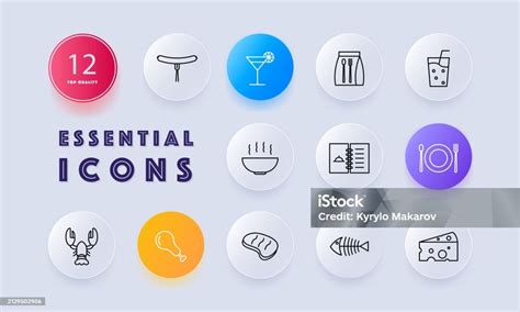 음식 세트 아이콘입니다 유리 술 뜨거운 요리 스테이크 해골 생선 구멍이 뚫린 치즈 닭고기 뼈 숟가락 포크 그라데이션 메뉴 칵테일 점심 도시락 요리 요리 개념 신형성 스타일