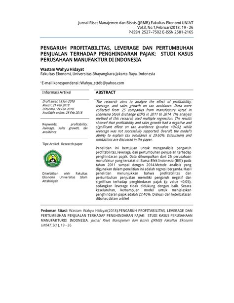 Pdf Pengaruh Profitabilitas Leverage Dan Pertumbuhan Penjualan