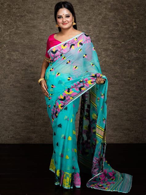 Wonderful Allover Cyan Soft Dhakai Jamdani Saree Weaversindia