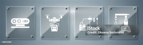 조립 라인 3d 프린터 드론 배달 개념 및 3d 스캐닝 시스템을 설정합니다 정사각형 유리 패널 벡터 3차원 형태에 대한 스톡 벡터 아트 및 기타 이미지 Istock