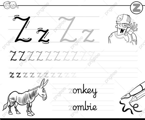 黑白卡通插圖寫作技巧練習與學齡前和小學兒童著色書的字母 Z 工作表 執筆 引路 扎科夫斯基向量圖案素材免費下載，png，eps和ai素材