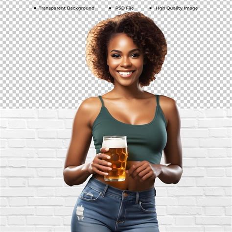 A Woman Holding A Glass Of Beer In Front Of A Brick Wall Premium Ai