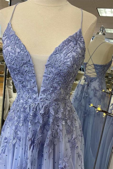 V Neck Long Purple Lace Prom Dresses Purple V Neck Long Lace Formal E