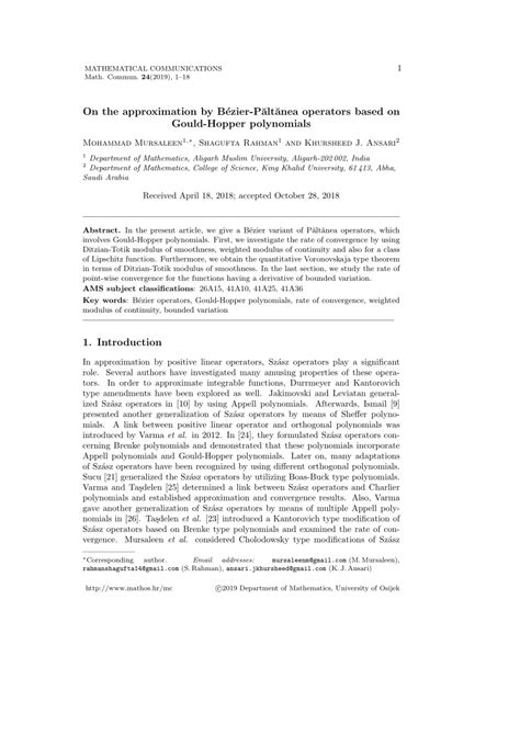 Pdf On The Approximation By Bézier Paltanea Operators Based On Gould