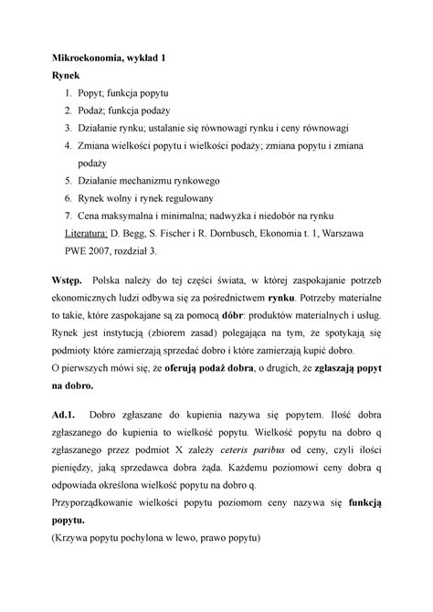 Mikroekonomia Notatki z wykładu 1 10 Mikroekonomia wykład 1 Rynek