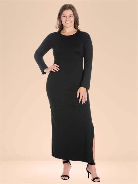 Long Sleeve Side Slit Fitted Plus Size Maxi Dress 24seven Comfort Apparel