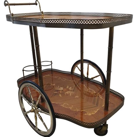 Italian Brass Trolley Bar Cart With Wooden Inlay And Faux Bamboo 1950s