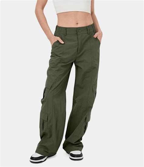 Womens Mid Rise Button Zipper Multiple Pockets Wide Leg Casual Cargo