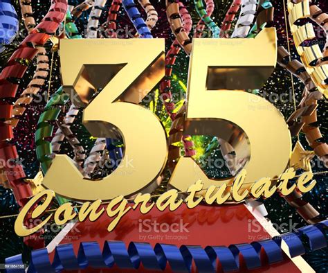 단어와 골드 번호 35에 화려한 리본과 경례의 배경 축 하 드립니다 3 차원 일러스트 레이 션 금색에 대한 스톡 사진 및 기타 이미지 Istock