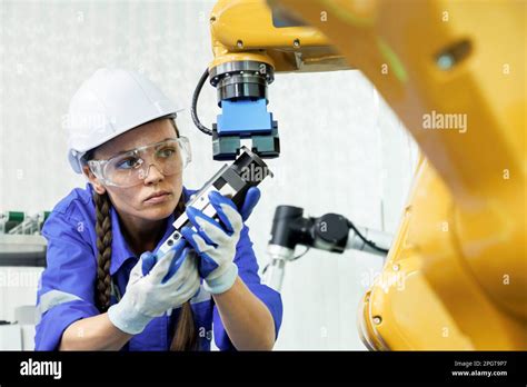 Female Automation Machine Engineer Student Study And Inspection Control