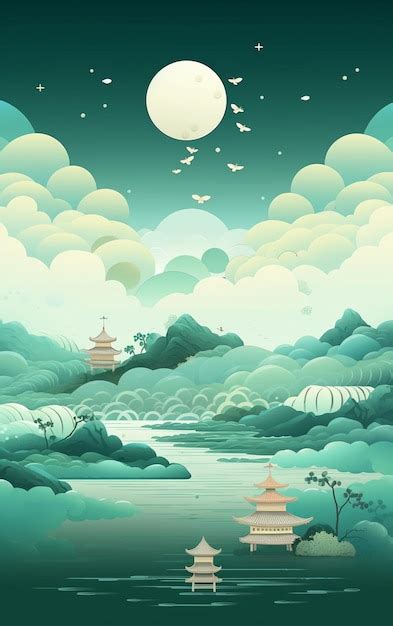 Premium Ai Image The Chinese Mooncake With Birds And Clouds Vector