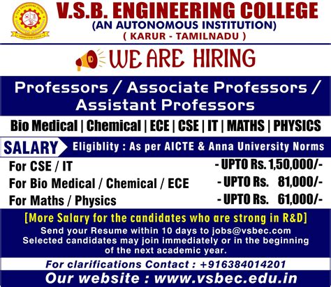 Vsb Engineering College Karur Wanted Professors Associate Professors
