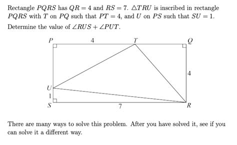 Solved Rectangle Pqrs Has Qr 4 And Rs 7 Tru Is Inscribed In