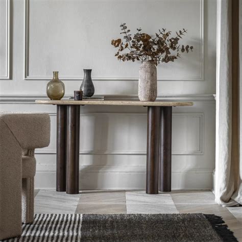 Travertine Stone Top Console Table With Dark Wood Base