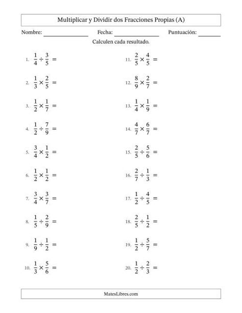 Hojas De Trabajo Para Multiplicar Y Dividir Fracciones Y Números Mixtos