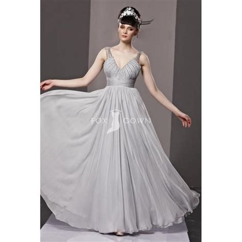 Sexy Grau Chiffon Langen Prom Kleid Mit Tiefem V Ausschnitt Und V