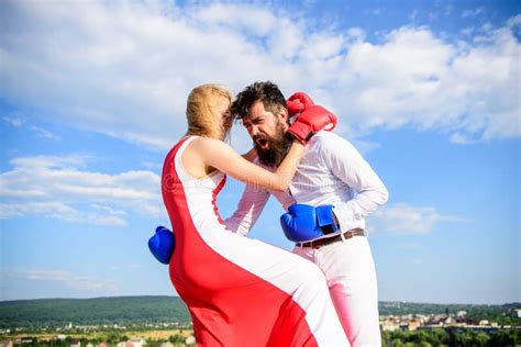 Defend Your Opinion In Confrontation Man And Woman Fight Boxing Gloves