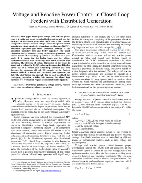 Pdf Voltage And Reactive Power Control In Closed Loop Feeders With