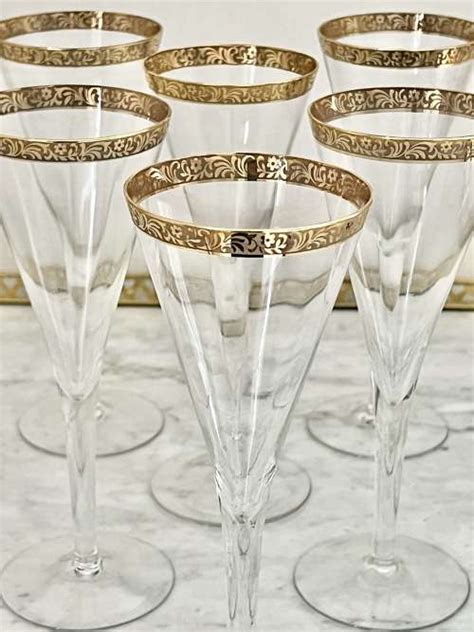 Six Italian Gold Rim Champagne Flutes Circa 1970s In Antique Wine