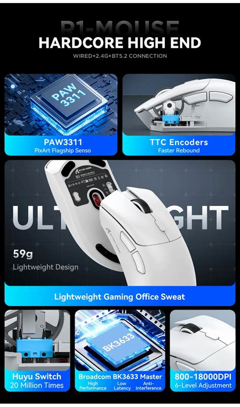 Attack Shark R1 1000hz Bluetooth Mouse 18000dpi Paw3311 Tri Mode Connection Macro Gaming Mouse