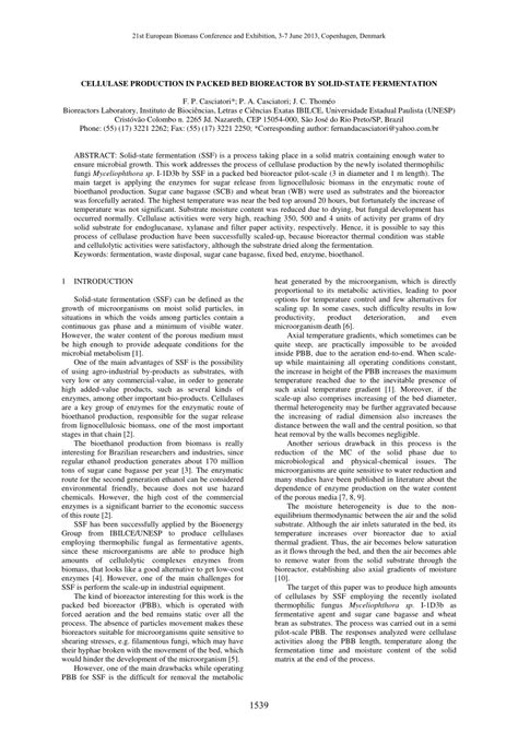 Pdf Cellulase Production In Packed Bed Bioreactor By Solid State Fermentation