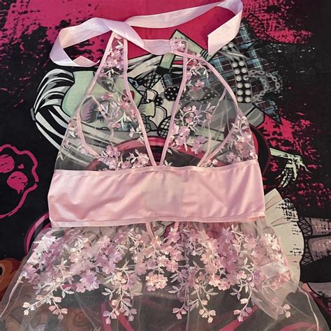 Pink Sheer Cherry Blossom Halter Lingerie🌸 Y2k Depop