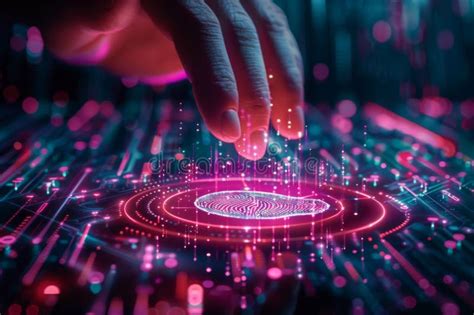 Finger Touching Digital Fingerprint Scanner On Glowing Virtual Keyboard