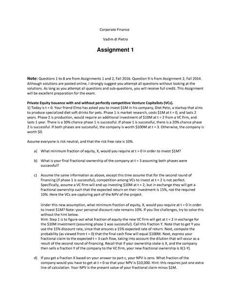 Corporate Finance Assignment 1 Corporate Finance Fall 2017 Vadim Di