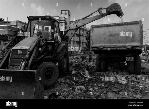 Slums Demolished Jcb Bulldozer Kolkata West Bengal India Asia