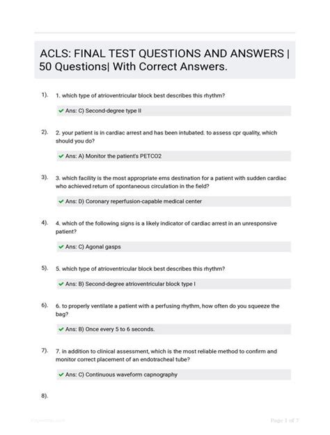 Acls Final Test Questions And Answers 50 Questions With Correct Answers