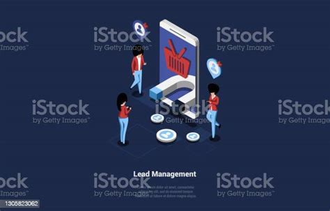 어두운 배경에 대한 등색 일러스트레이션 캐릭터와 객체가 있는 만화 스타일 3d 구성 리드 관리 컨셉 디자인 자석과 쇼핑 카트와 함께 큰 전화 주위에 서 있는 사람들 고객에