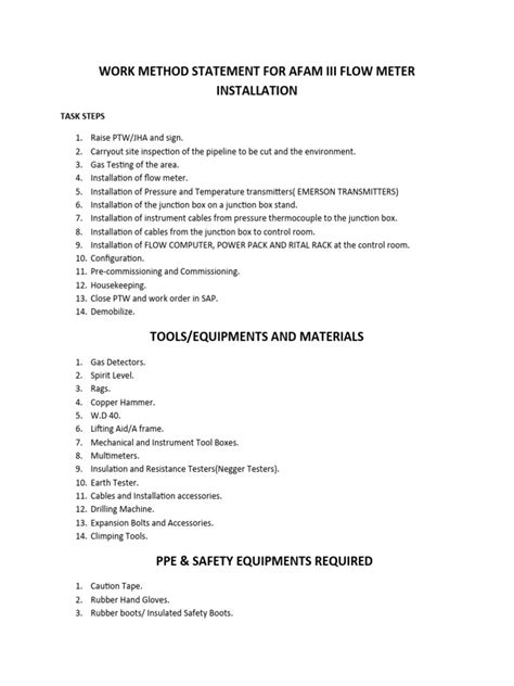 Work Method Statement For Afam Iii Flow Meter Installation Pdf