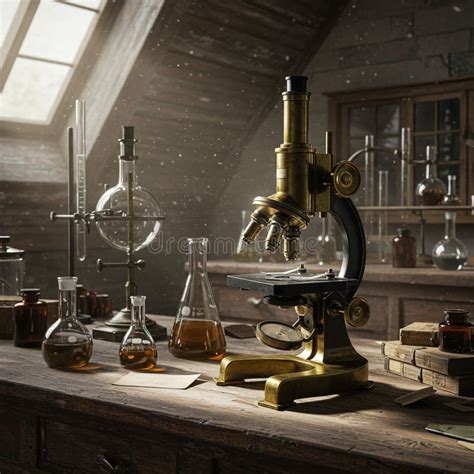 An Antique Laboratory Setup Features A Brass Microscope With A Curved An Antique Laboratory Setup Features A Brass Microscope With A Curved