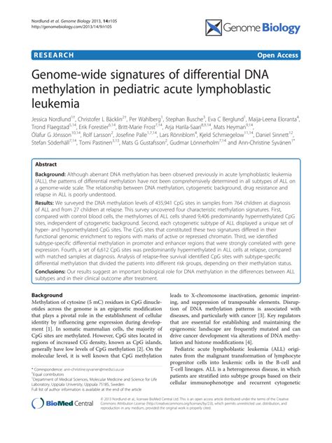 PDF Genome Wide Signatures Of Differential DNA Methylation In Pediatric Acute Lymphoblastic