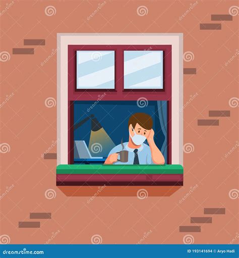 在家打窗的男人 动画插图矢量中检疫活动符号概念中的男性应激与无聊 向量例证 插画 包括有 细分 消沉 193141694