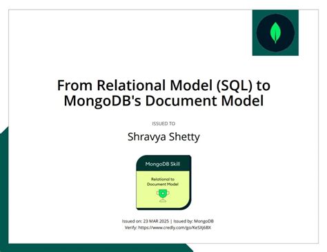 excited to earn the from relational model sql to mongodb s document… shravya shetty