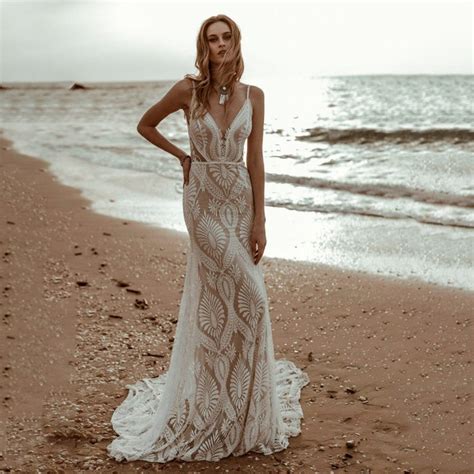 Spaghetti Straps Boho Wedding Gown Rustic Wedding Dress Backless Lace