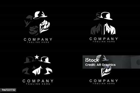형사 남자 로고 디자인 마피아 형사 패션 턱시도와 모자 일러스트 레이 션 벡터 블랙맨 Businesman 아이콘 경찰관에 대한