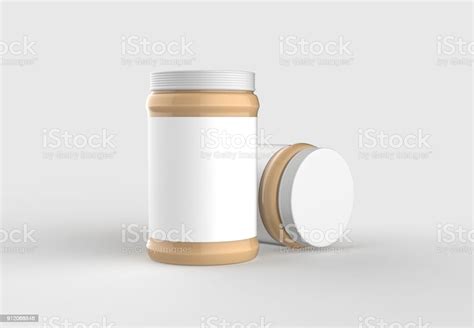 항아리에 땅콩 버터에 격리 된 부드러운 회색 배경과 흰색 라벨을 비웃는 다 3d 설명입니다 0명에 대한 스톡 사진 및 기타
