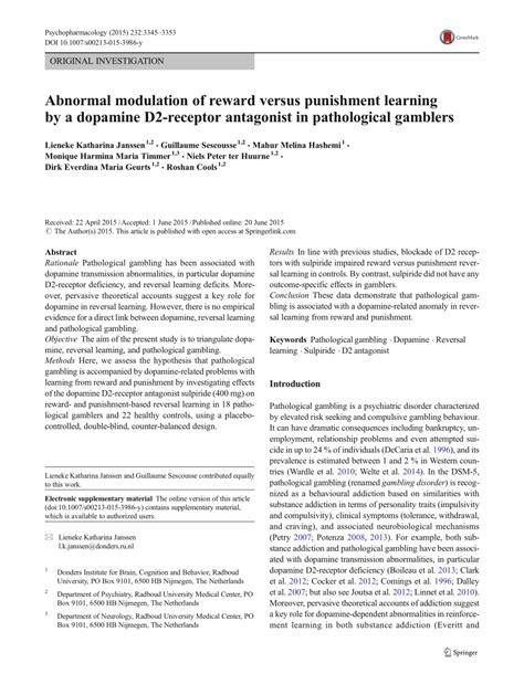 Pdf Abnormal Modulation Of Reward Versus Punishment Learning By A Dopamine D2 Receptor