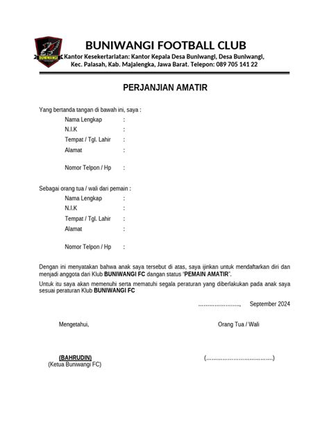 Perjanjian Amatir Buniwangi Fc 18 Tahun Kebawah Pdf