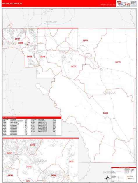 Osceola County Fl Zip Code Wall Map Red Line Style By Marketmaps