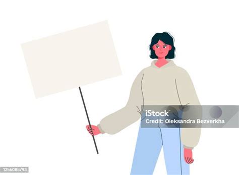 시위 행위에 빈 배너 또는 현수막을 들고 있는 여성 여성 시위자 또는 활동가 현수막 시위자 정치 혁명의 일러스트가 보여줍니다