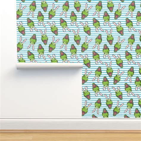 Trex Wearing Bunny Ears Blue Stripes Wallpaper Spoonflower